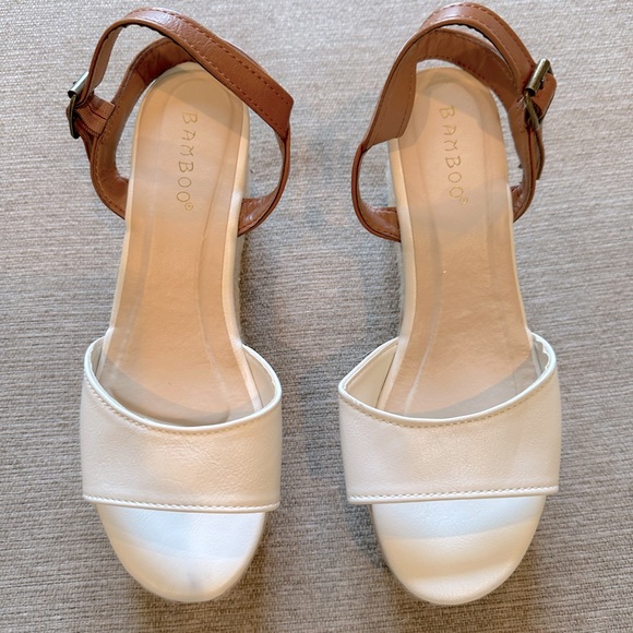 BAMBOO | Shoes | Size 7 High White Wedge Sandals With Dark Tan Straps 2 ...
